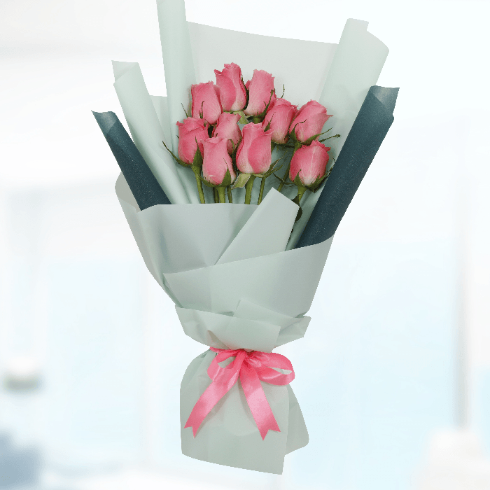 10 Stem Pink Roses Bouquet | Pink Roses Long Stems | Qatar